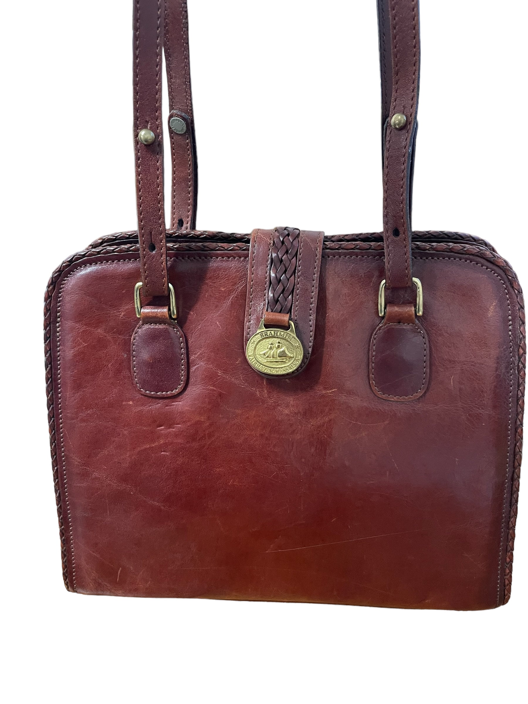 Vintage Brahmin RARE Cognac Brown Leather Structured Shoulder Bag Purse ...