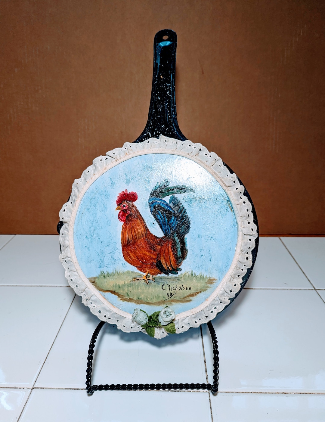 Rustic Hand Painted Rooster- on Enamelware Pan - Folk Art Style - Etsy