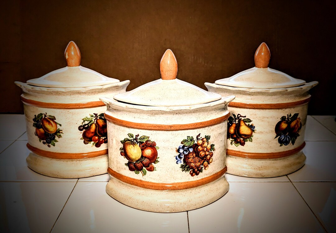 70's -fruit Design Canister Set - Kitchenaid Decor - 3pc Ceramic ...