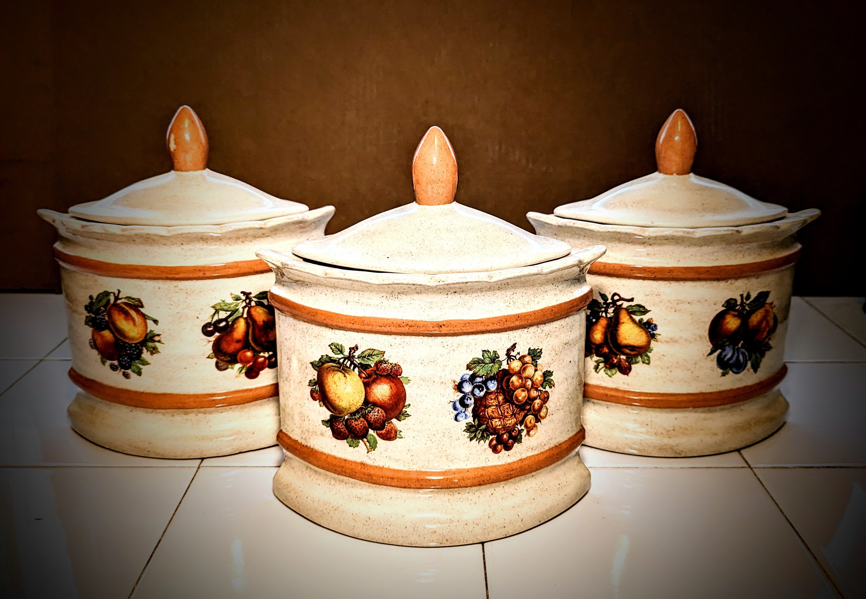 70's -fruit Design Canister Set - Kitchenaid Decor - 3pc Ceramic ...