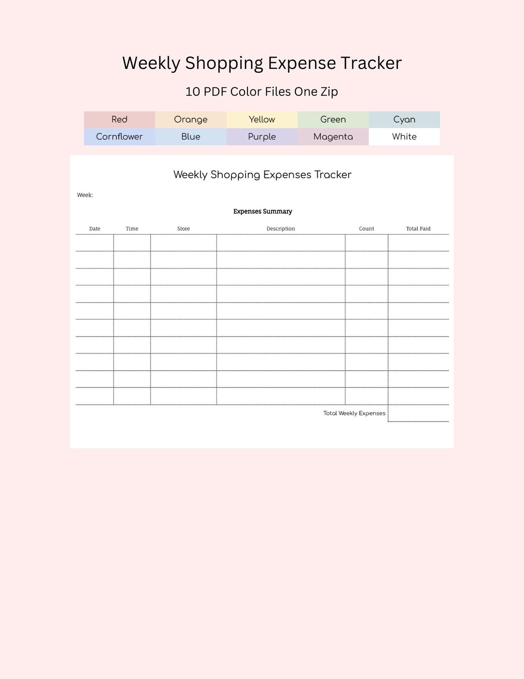 Weekly Shopping Expense Tracker, Shopping Expense Log, Weekly Expenses ...