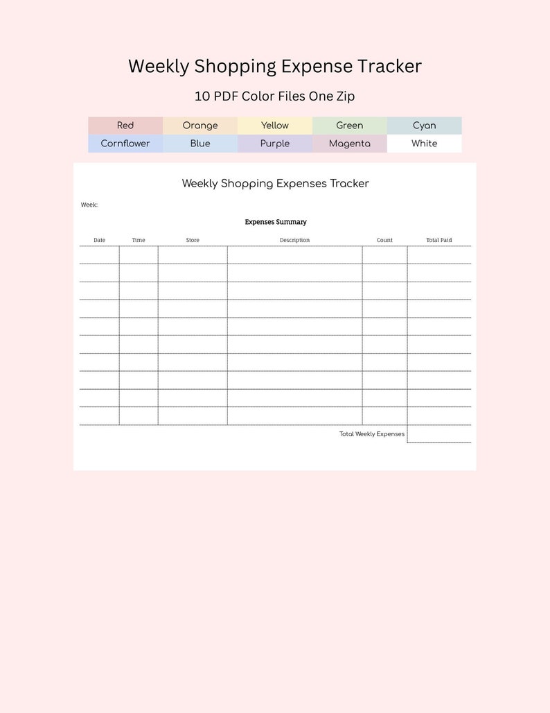 Weekly Shopping Expense Tracker, Shopping Expense Log, Weekly Expenses ...