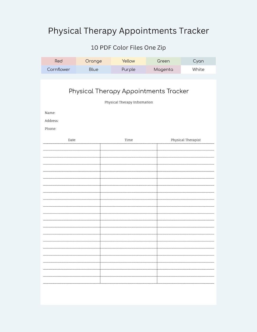 Printable Physical Therapy Appointments Tracker | Digital PT Session ...
