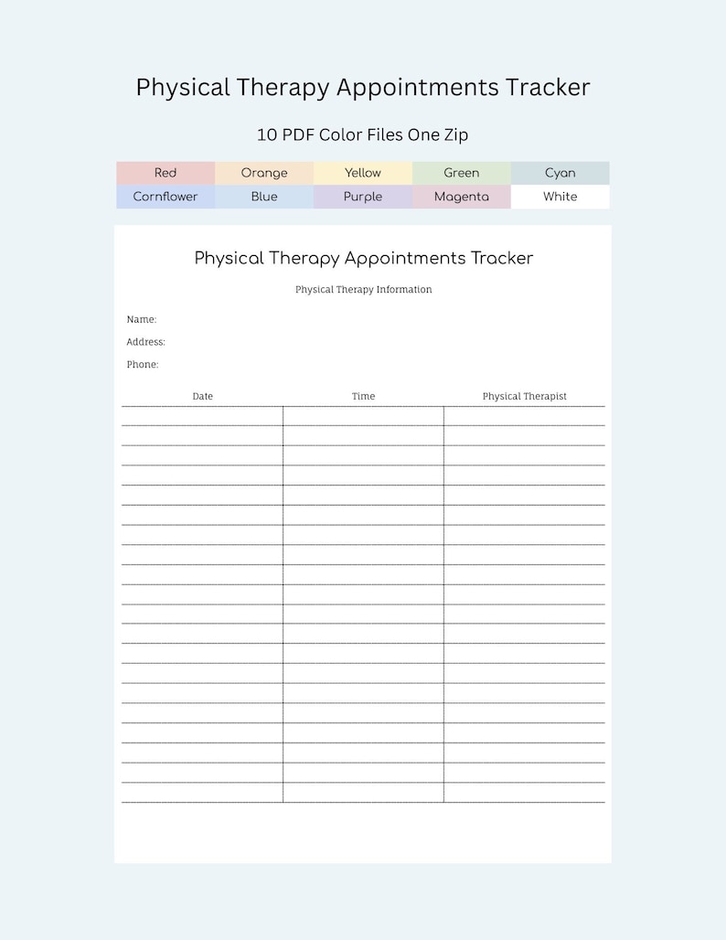 Printable Physical Therapy Appointments Tracker | Digital PT Session ...