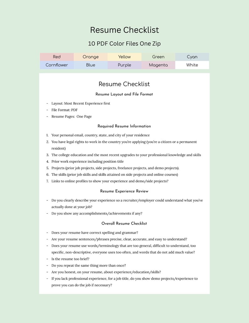 Resume Checklist, Printable - Etsy