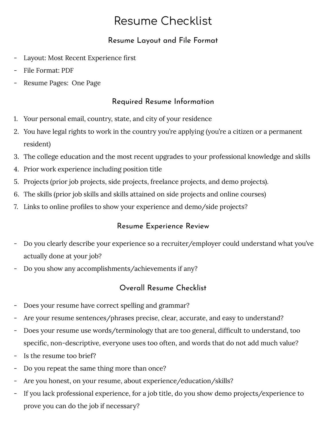 Resume Checklist, Resume Review Questions - Etsy