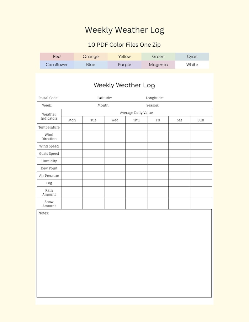 Weekly Weather Log, Weather Tracker, Weather Journal, Weather Diary - Etsy