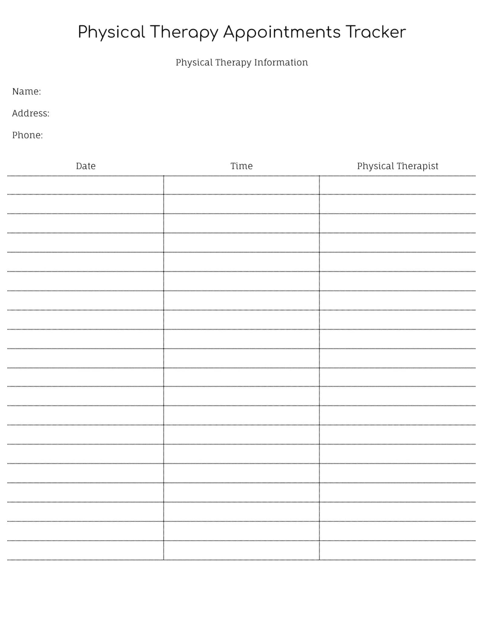 Printable Physical Therapy Appointments Tracker | Digital PT Session ...