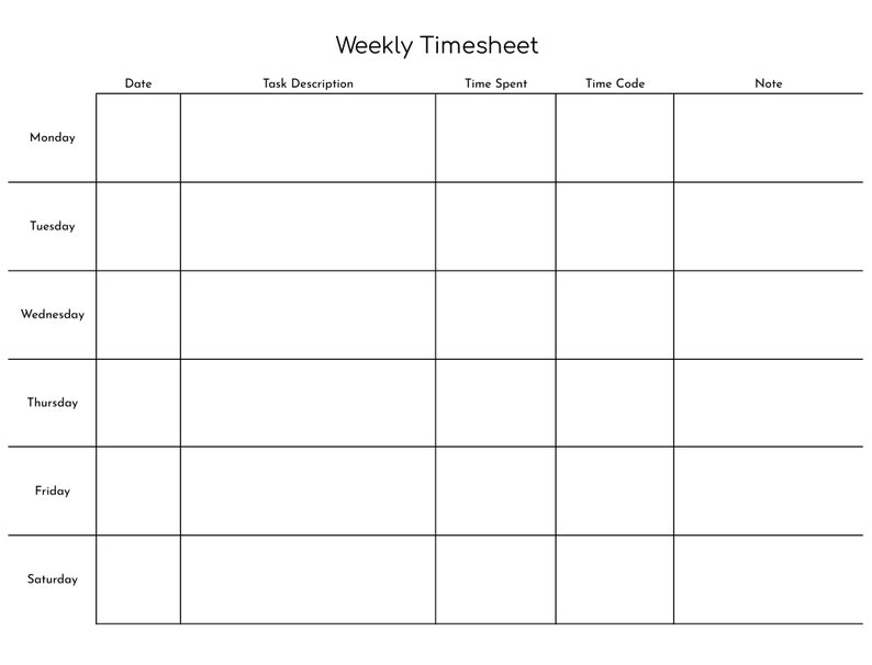 Printable Weekly Timesheet and Work Productivity Log | Digital Project ...