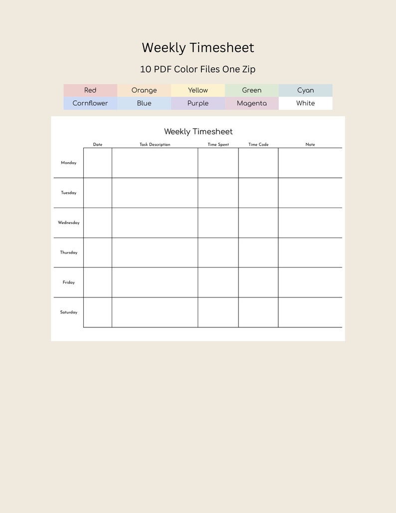 Printable Weekly Timesheet and Work Productivity Log | Digital Project ...
