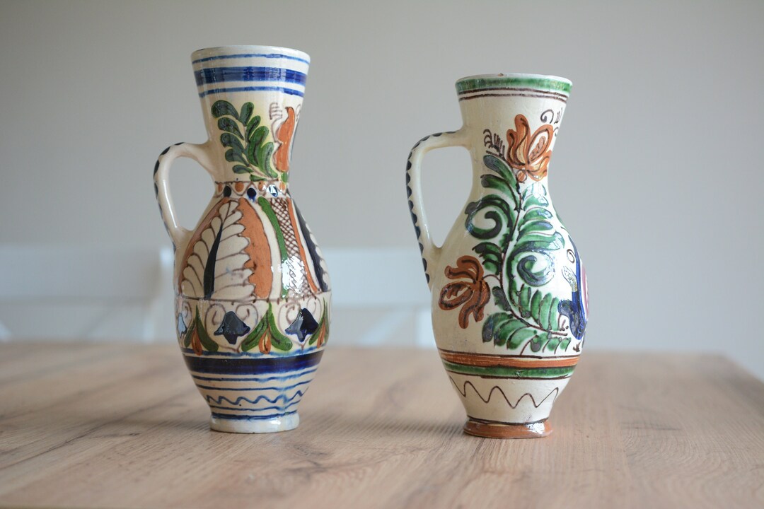 Vintage Big Pottery Korond Jugs | Multicolor Korond Pitchers - Etsy