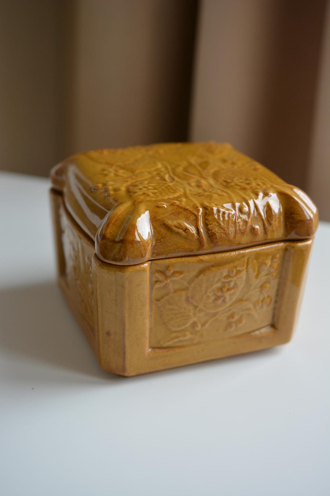 Vintage Mustard Granite Box With Lid | Ceramic Trinket Box | Mustard ...