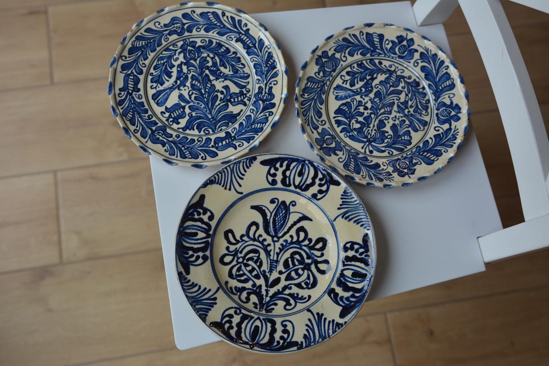 Vintage Pottery Wall Plates Blue and Beige Korond Wall Plates Antique ...