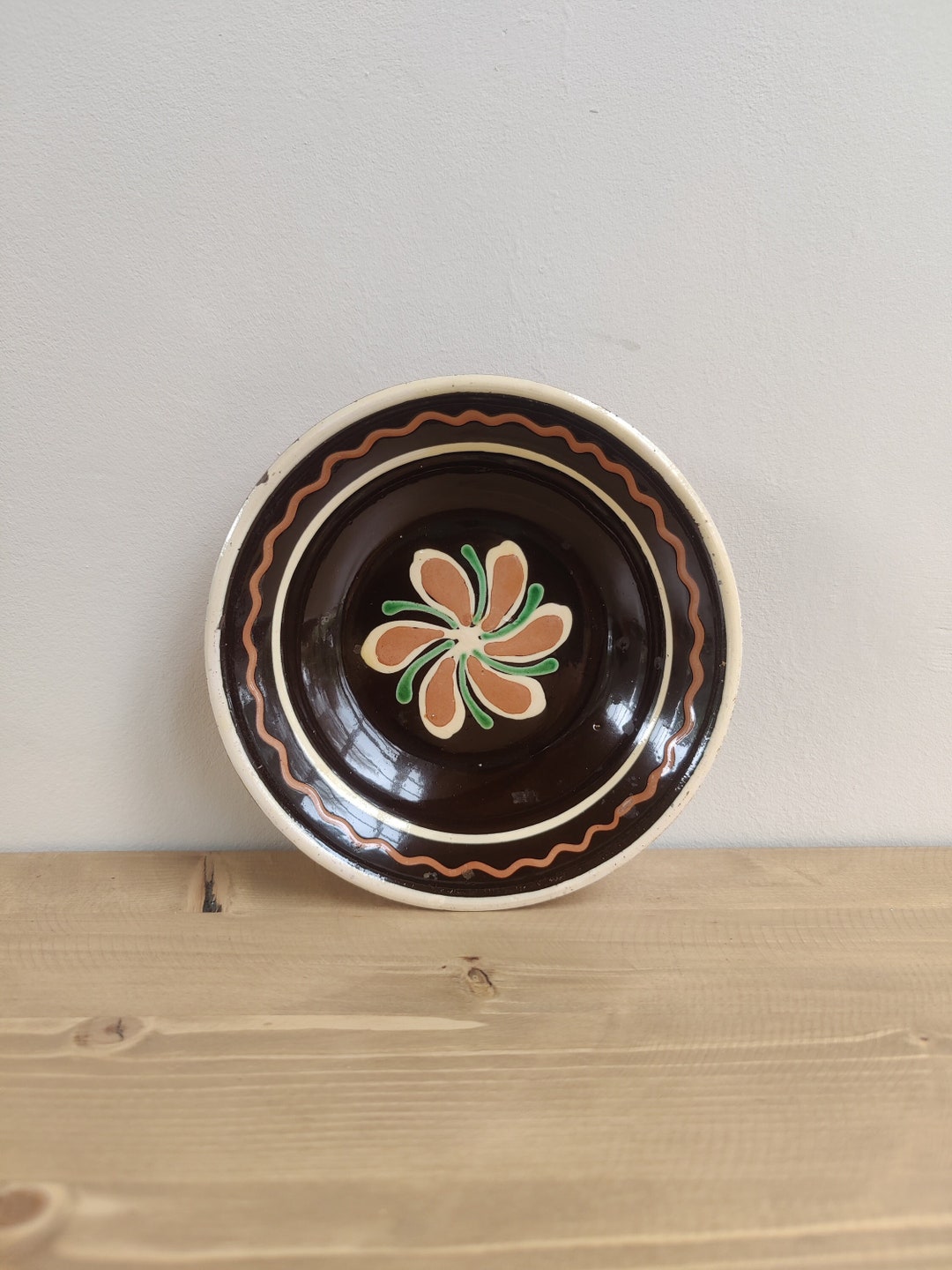 Vintage Brown Pottery Wall Plate - Hand Painted Flowers From Hungary ...