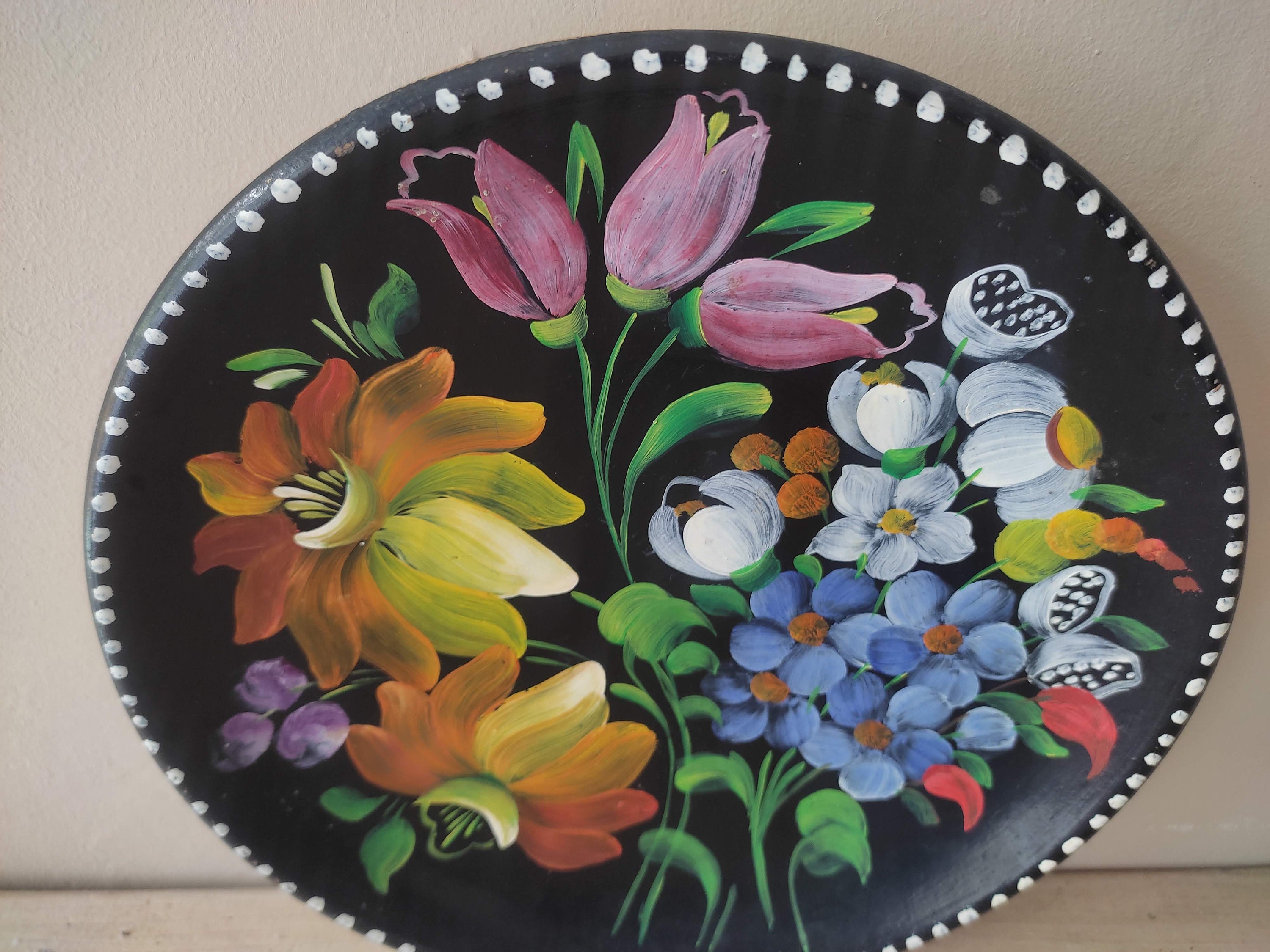 Vintage Clay Wall Plate Hand Painted Flowers From Hungary - Etsy