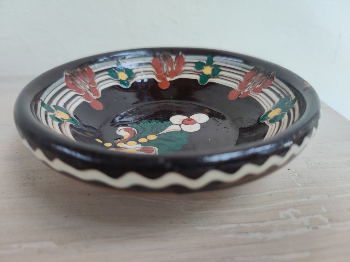 Vintage Small Pottery Wall Plate - Dark Hand Painted Flowers From ...