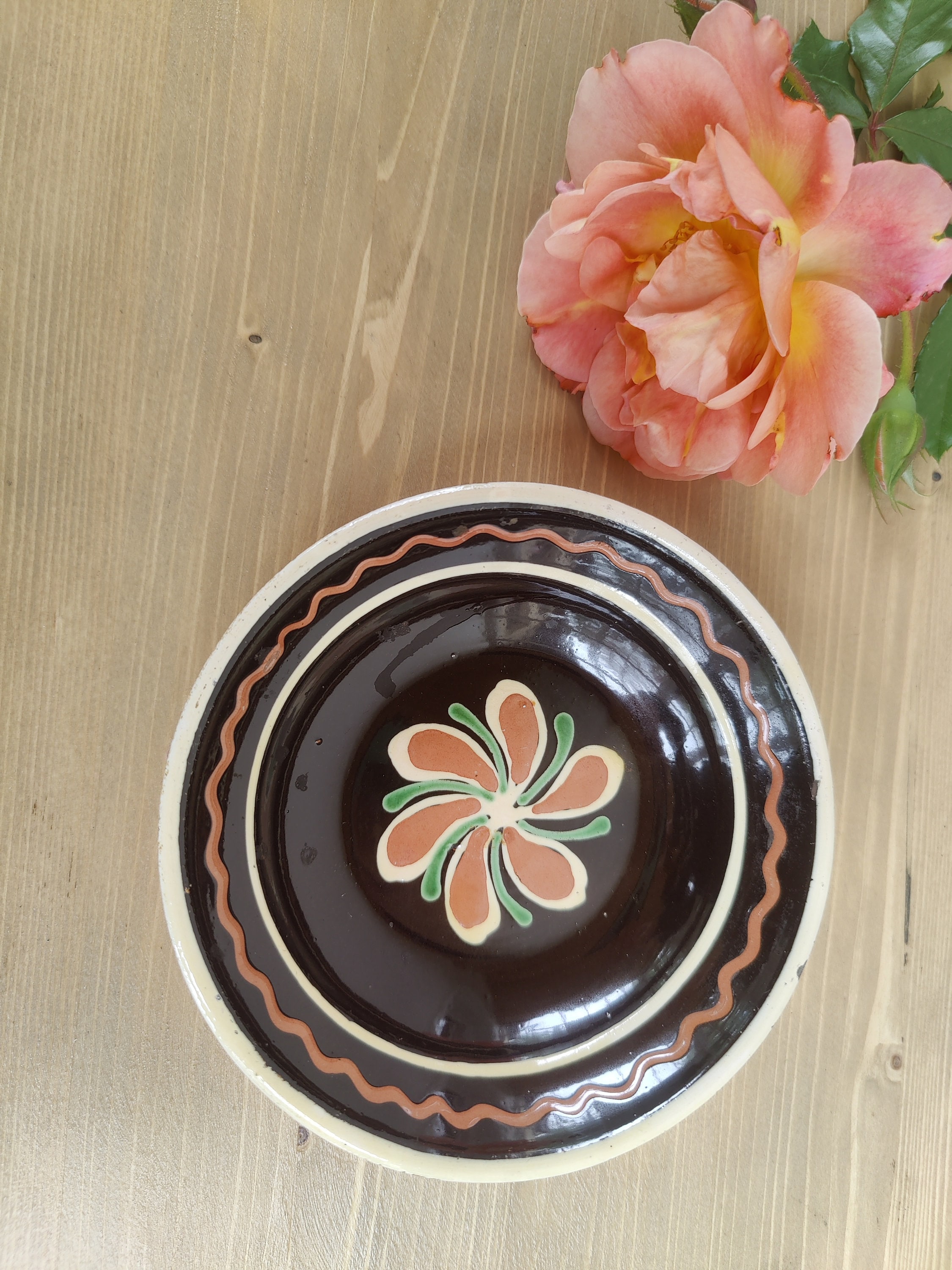 Vintage Brown Pottery Wall Plate Hand Painted Flowers From - Etsy