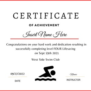 Editable Swimming Certificate, INSTANT DOWNLOAD - Swim Lesson ...