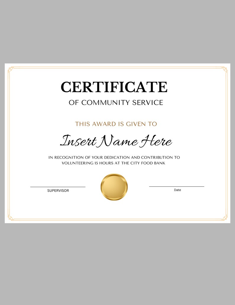 Editable Community Service Certificate Template: Gold Border (canva) - Etsy
