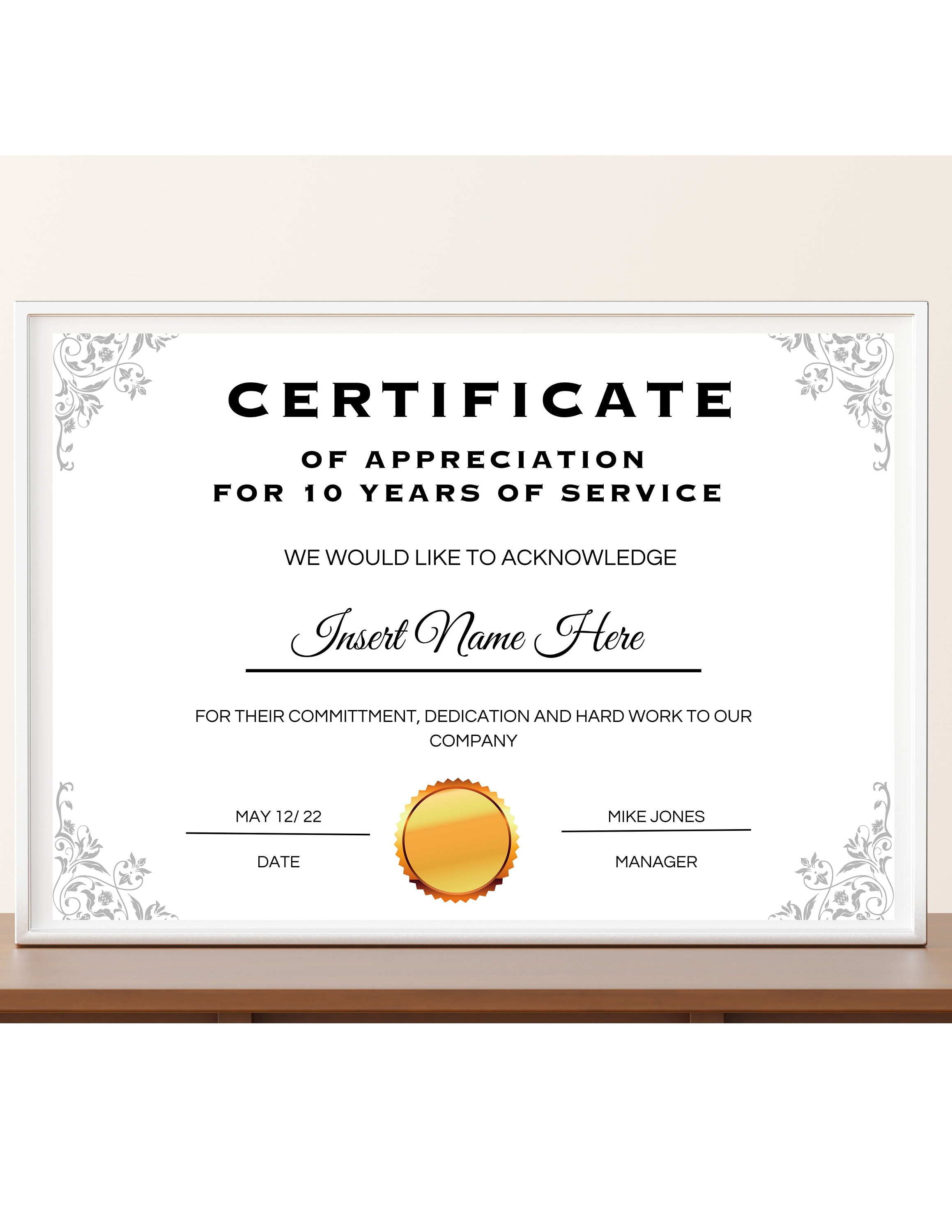 Years of Service Editable Certificate, Years of Service Certificate Template, Printable Years of ...