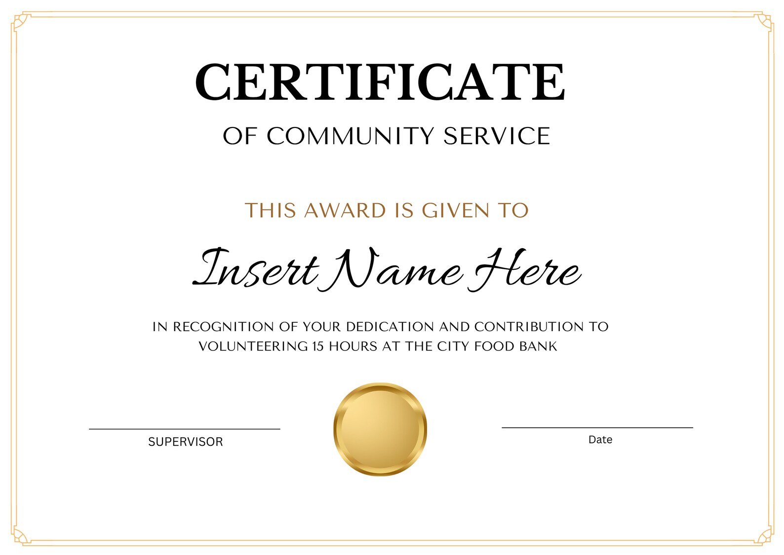 Editable Community Service Certificate Template: Gold Border (canva) - Etsy