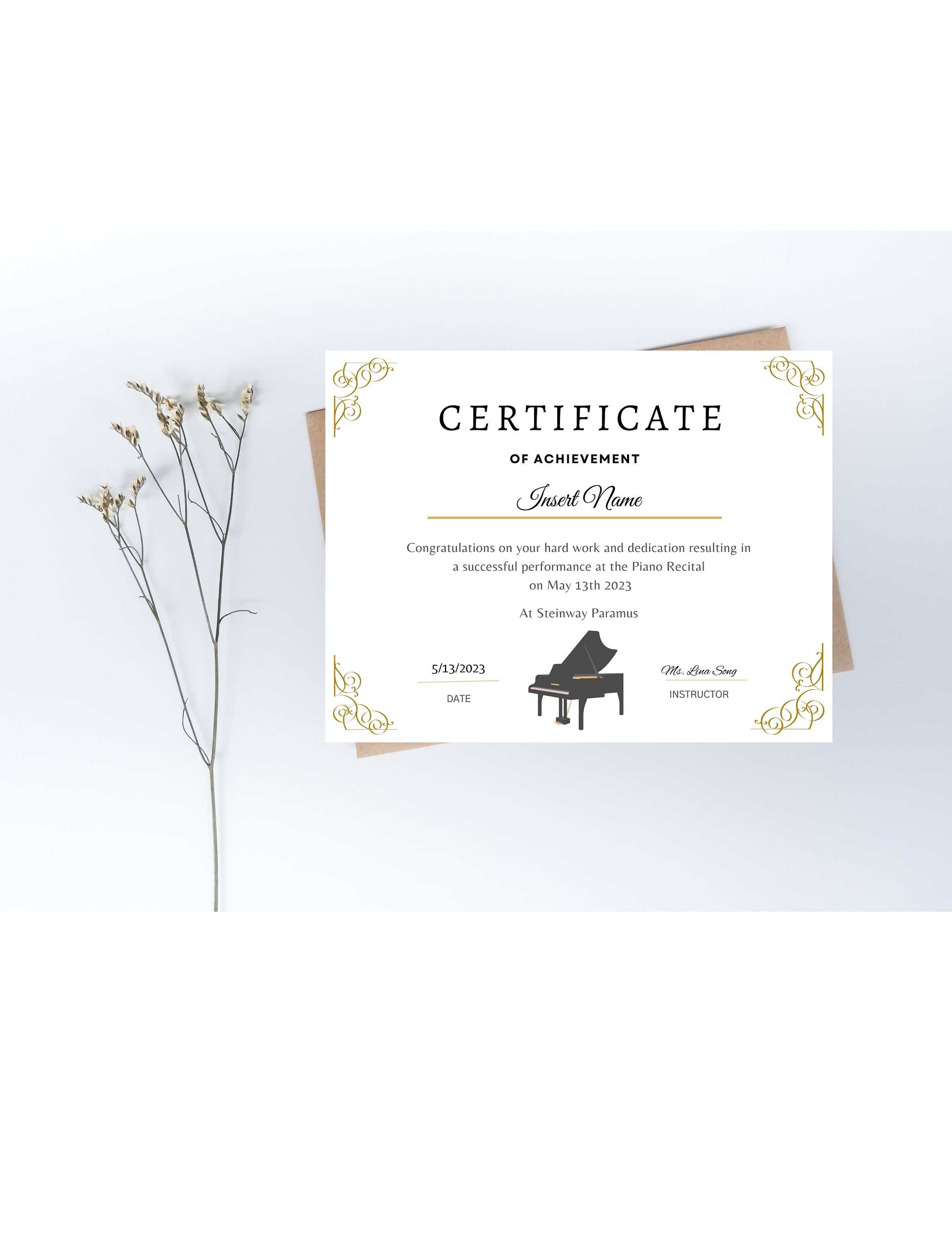 Piano Recital Certificate, Piano Award Printable, Child Certificate ...