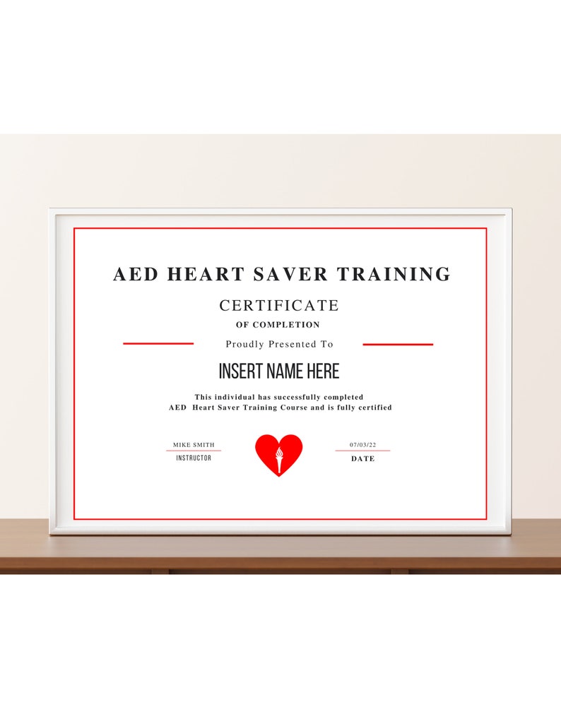 AED Heart Training Certificate, CPR Editable Template, Cpr Course ...