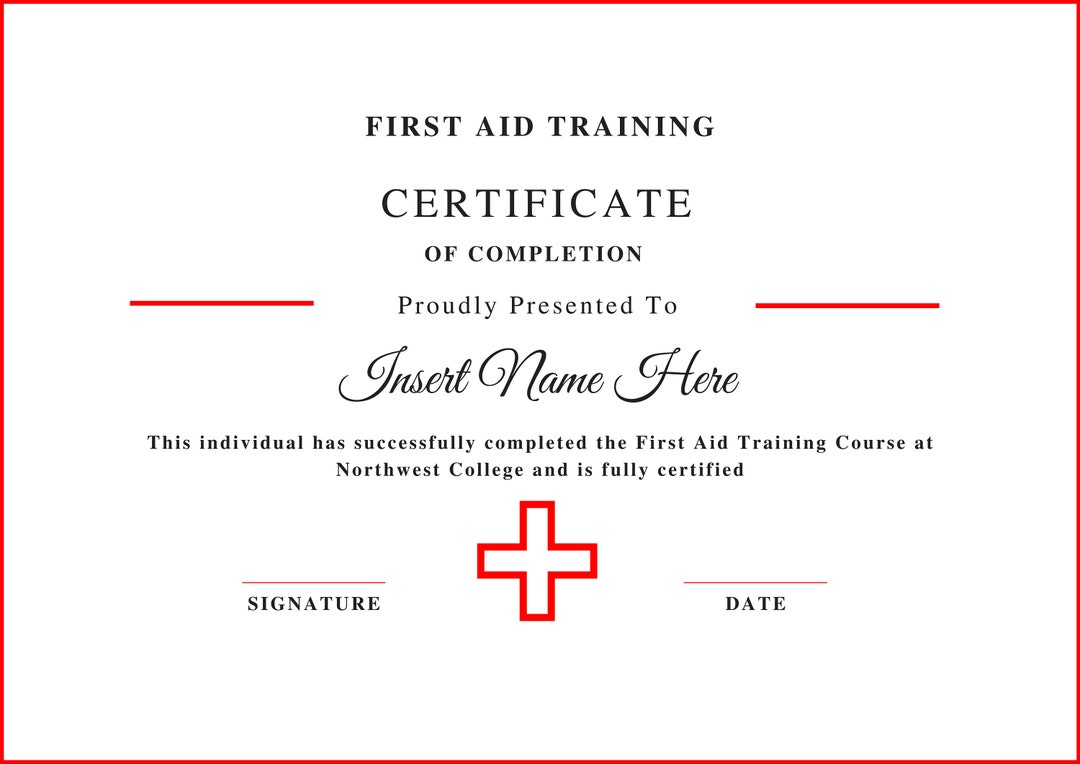 Editable Certificate Of Completion First Aid Training Certificate