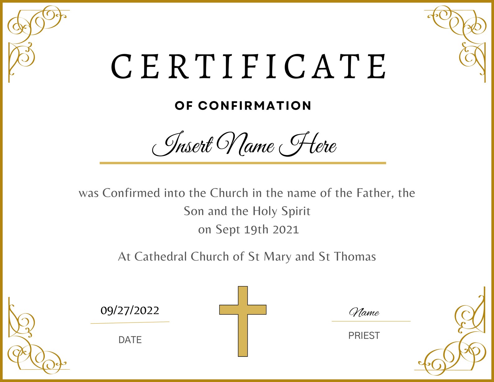 Editable Confirmation Certificate Template: Gold Border (digital ...
