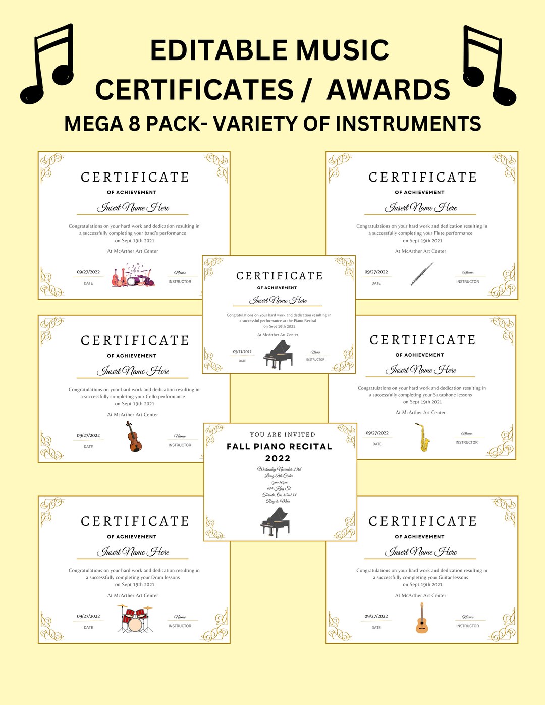 Music Recital Certificate Mega Pack, 8 Instruments Award Printable ...