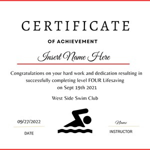 Editable Swimming Certificate, INSTANT DOWNLOAD - Swim Lesson ...