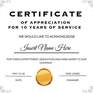 Editable Years of Service Certificate Template: Work Anniversary (DIY ...