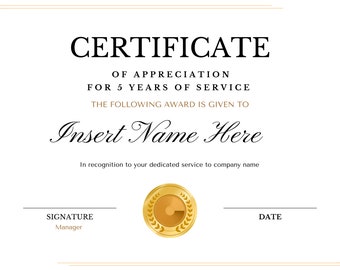 Editable Certificate Years of Service, Years of Service Certificate ...