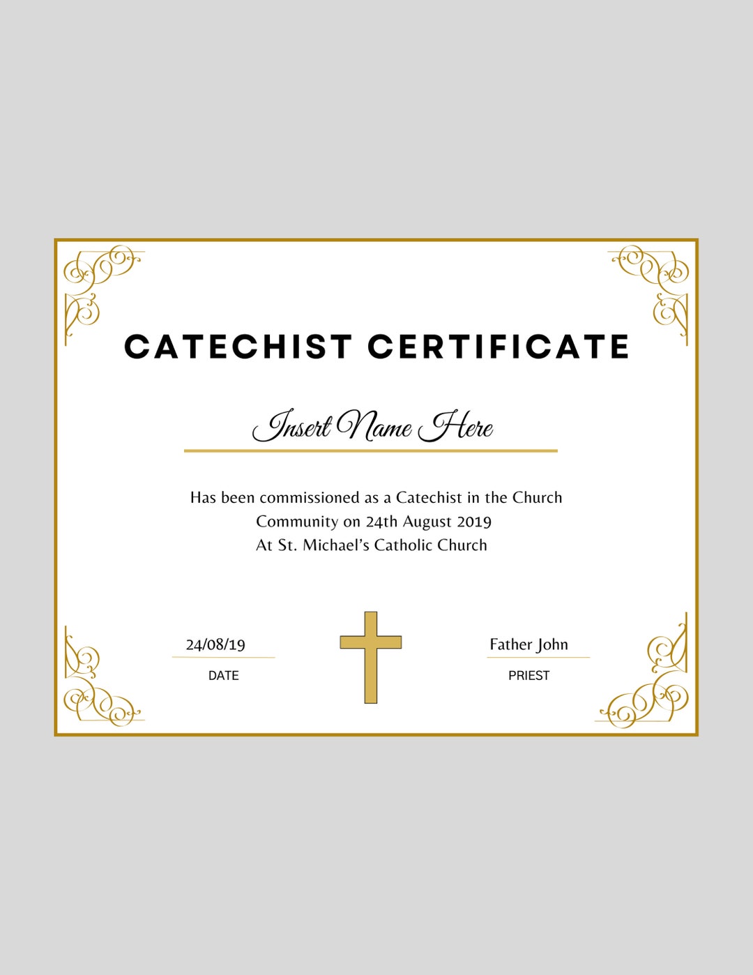 Editable Catechism Certificate: Religious Gold Template (digital ...