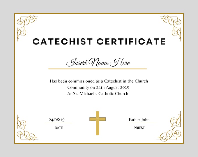 Editable Catechism Certificate: Religious Gold Template (digital ...