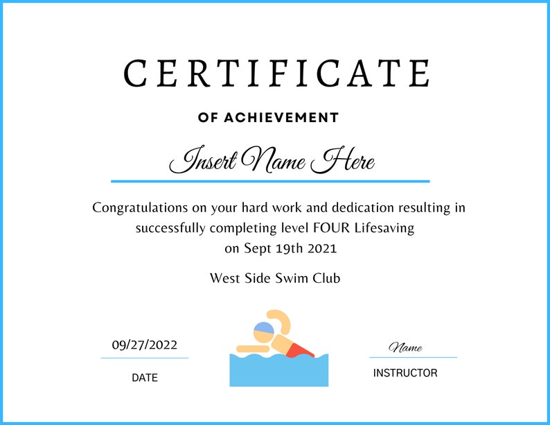 Editable Swimming Certificate, Swim Lesson Certificate, Swimming ...