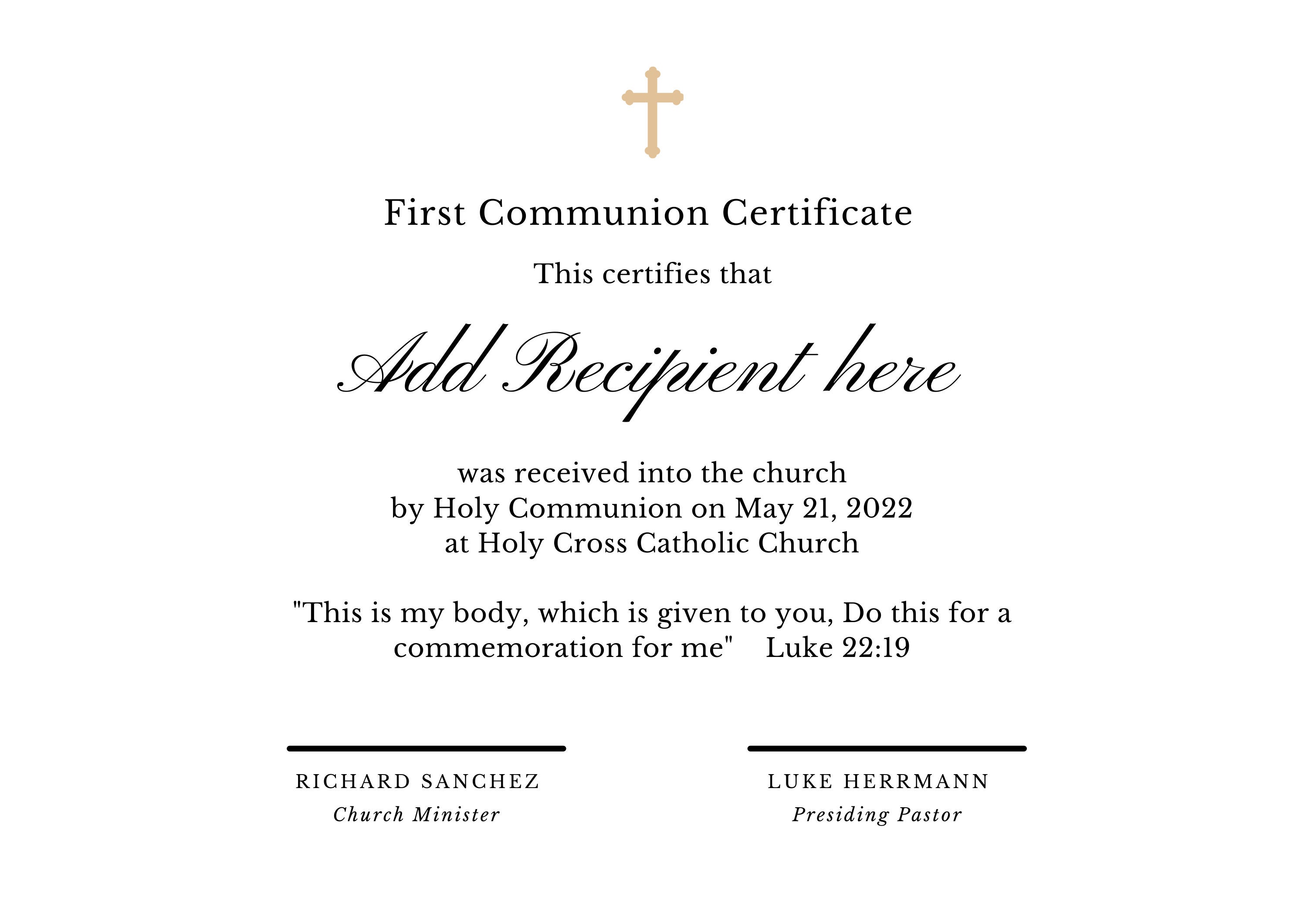 Editable First Communion Certificate Template First Communion Etsy 