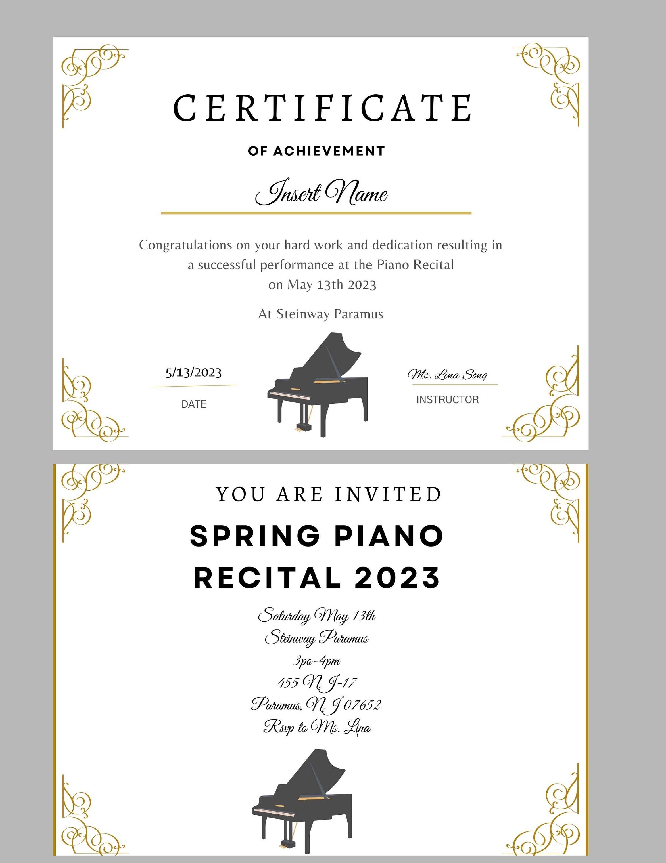 Piano Recital Certificate, Piano Award Printable, Child Certificate ...