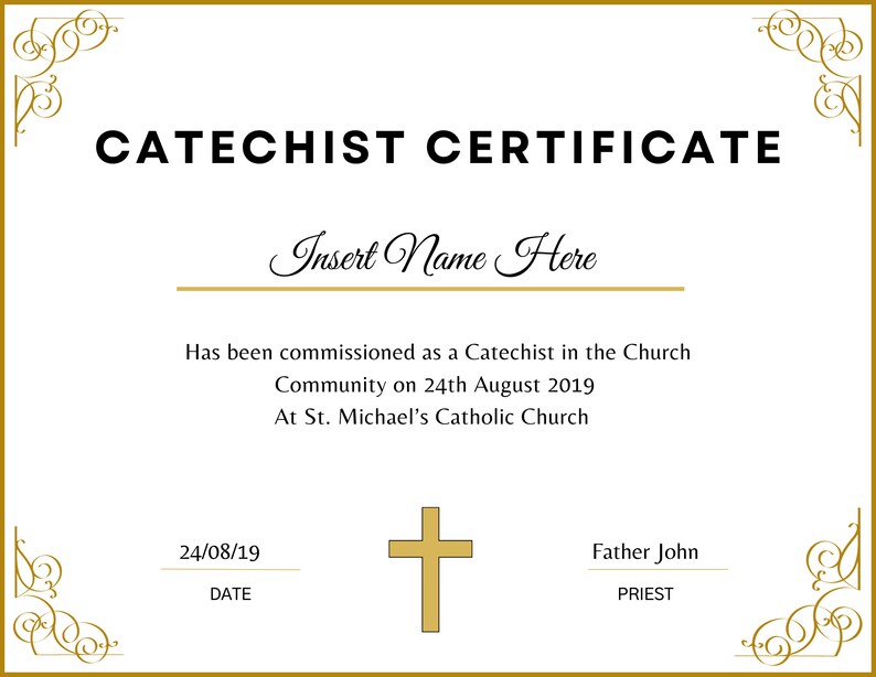 Editable Catechism Certificate: Religious Gold Template (digital ...