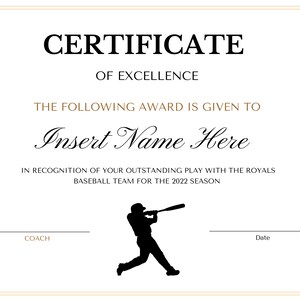 Printable Baseball Certificate Template: Editable Sports Award (digital ...