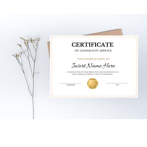Editable Community Service Certificate Template: Gold Border (canva) - Etsy