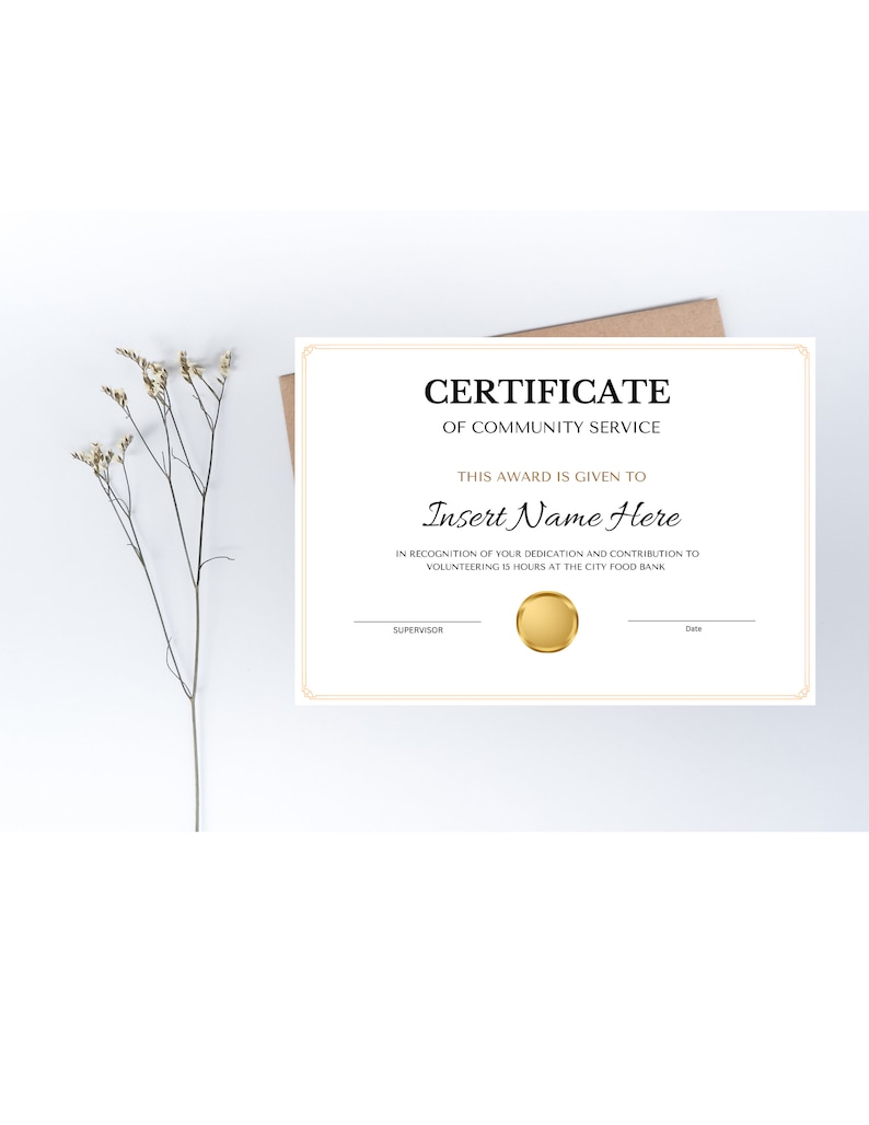 Editable Community Service Certificate Template: Gold Border (canva) - Etsy