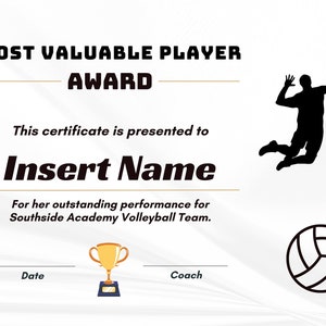 Editable Volleyball Award Certificate: Team Player Template (digital ...