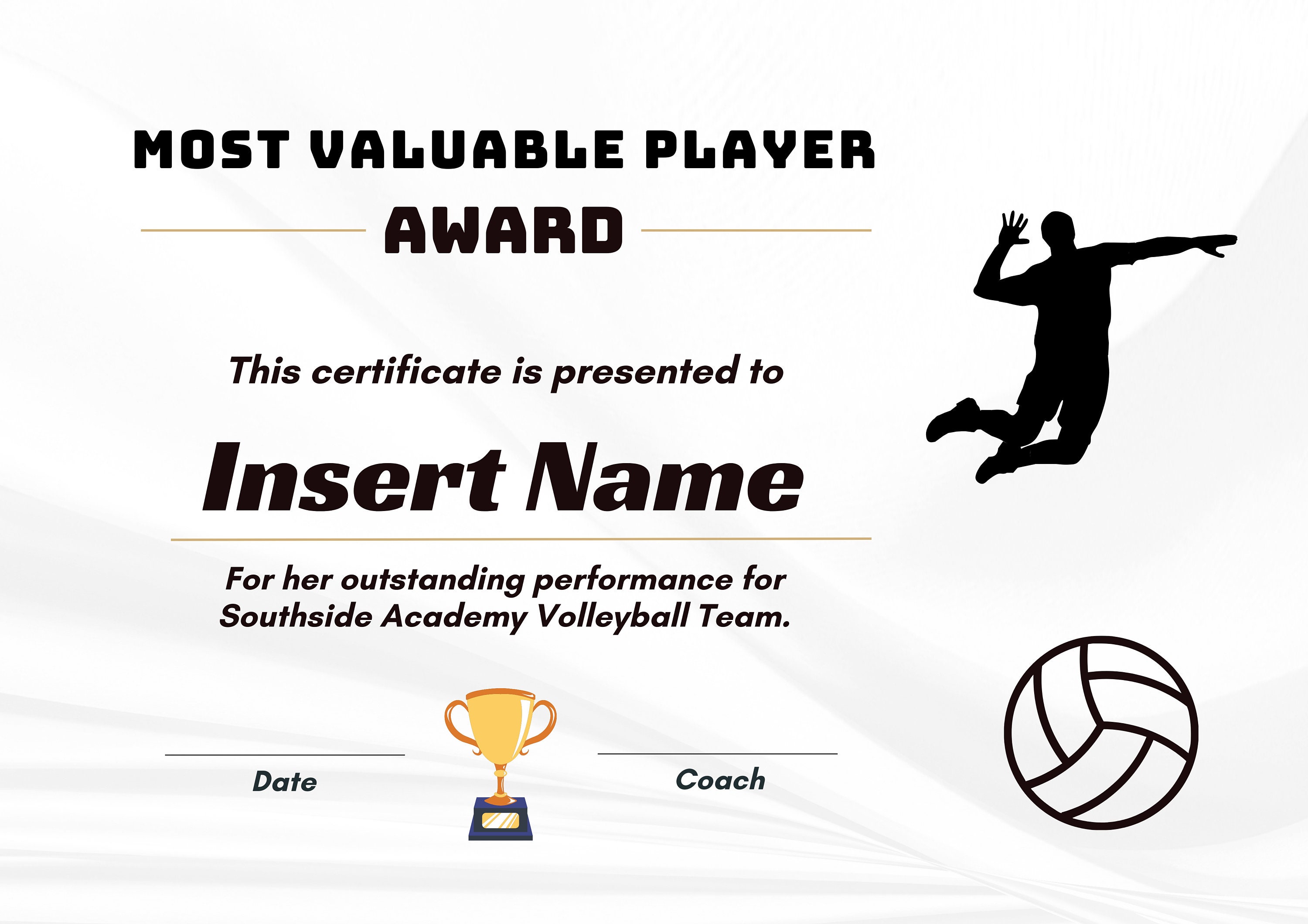 Editable Sports Certificate, Volleyball Award, Participation ...