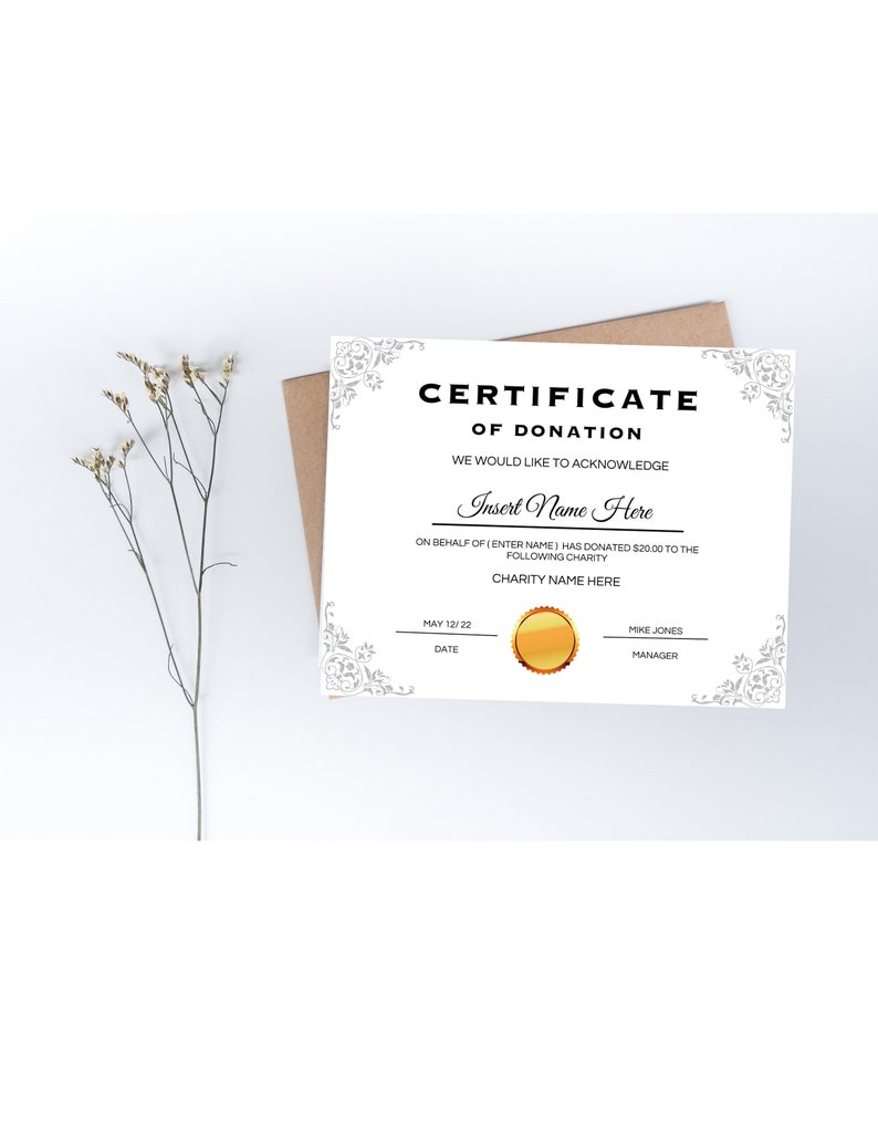 Editable Donation Certificate Template: Elegant Printable (digital ...