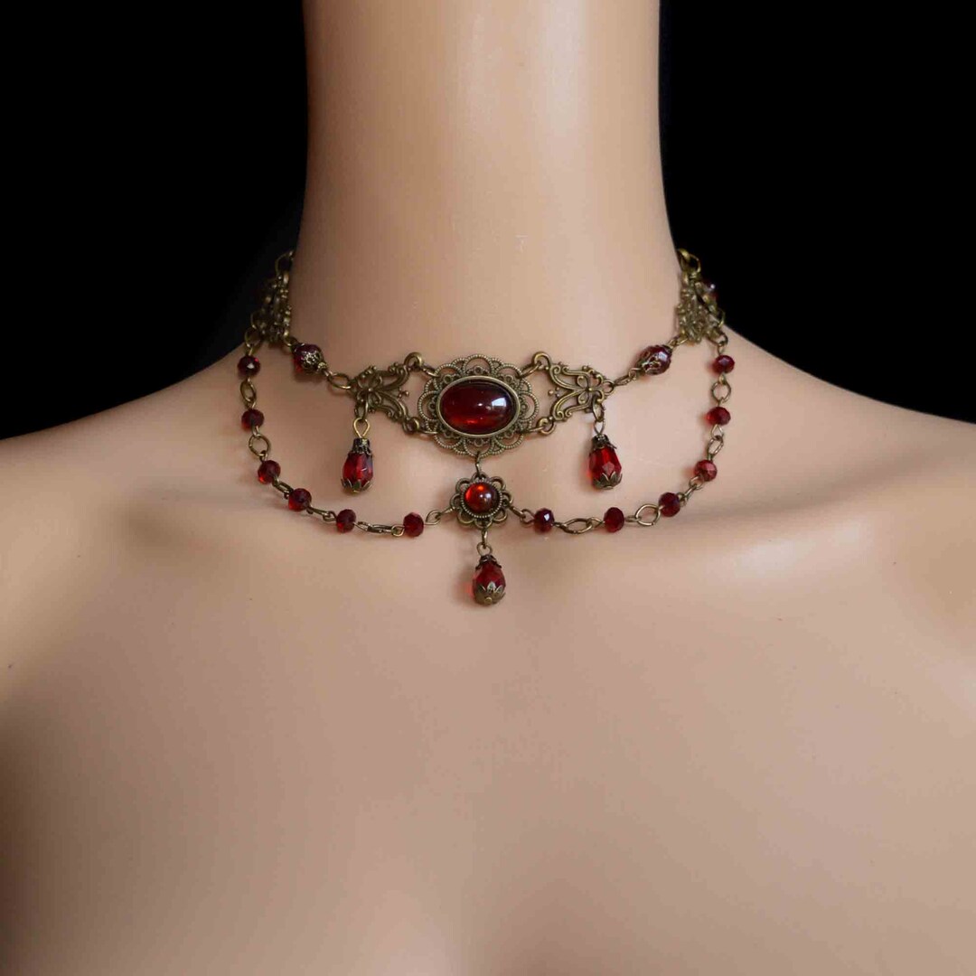 Medieval Renaissance Necklace, Victorian Necklace. Dark Red Necklace ...