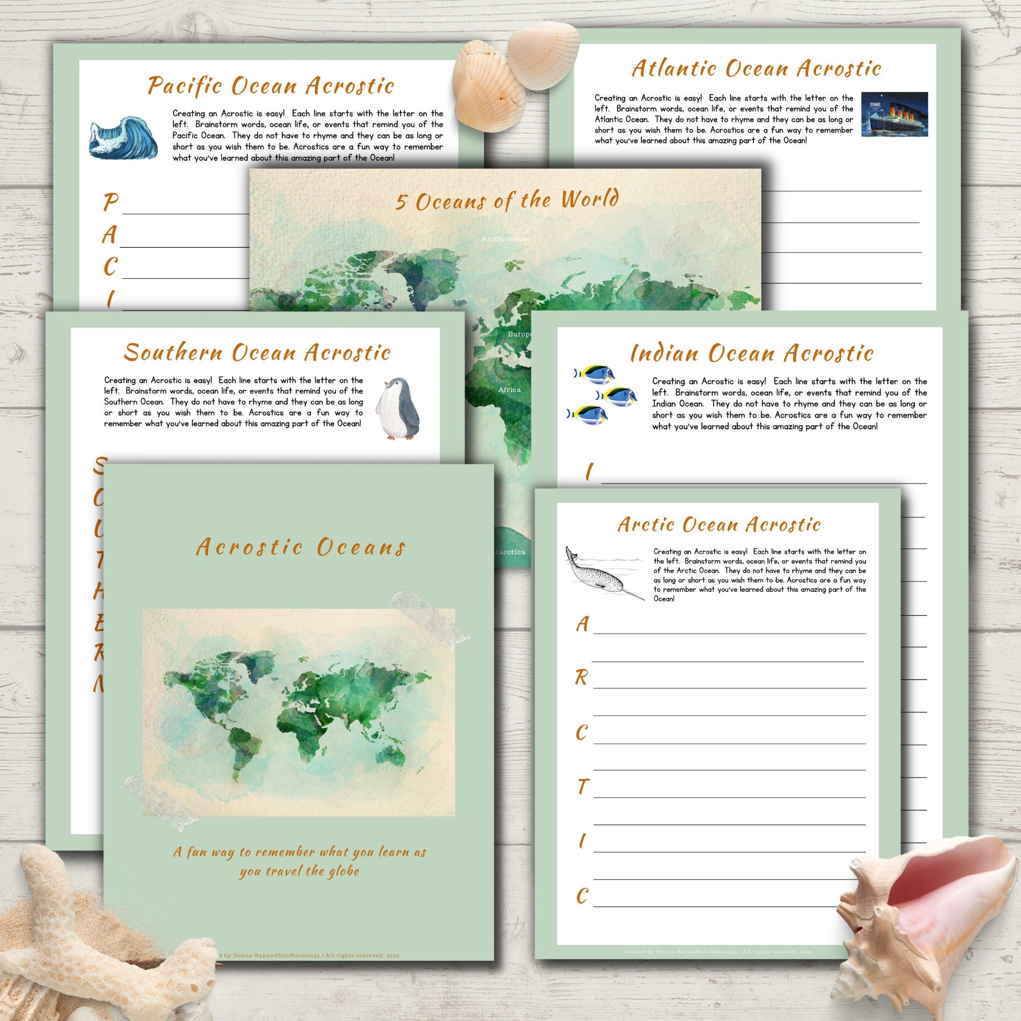 Acrostic Oceans | World Map Printable, Educational, All Ages, Literacy ...