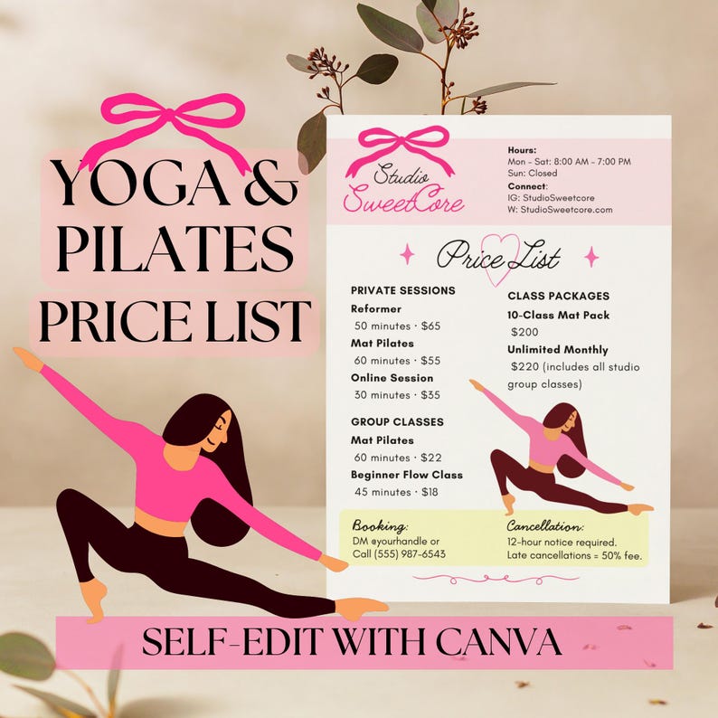 Pilates & Yoga Price List Template: Editable Canva Flyer (digital ...
