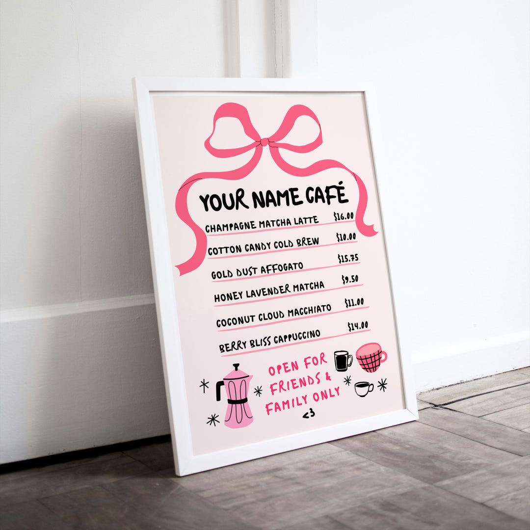 Cafe Menu Print, CUSTOM NAME, Pink Messy Coquette Aesthetic, Preppy ...
