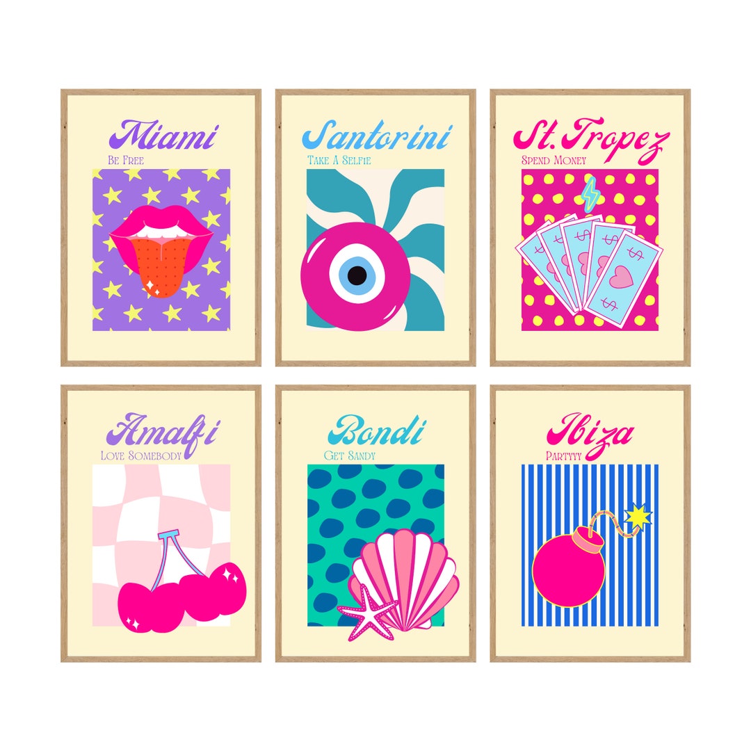 Preppy Travel Prints, Girly Aesthetic Wall Art, 6 Pcs, Euro Summer ...
